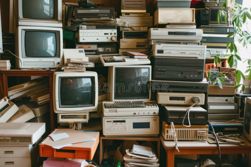 A Cluttered Room with Many Old Computers and Televisions. Stock Photo ...