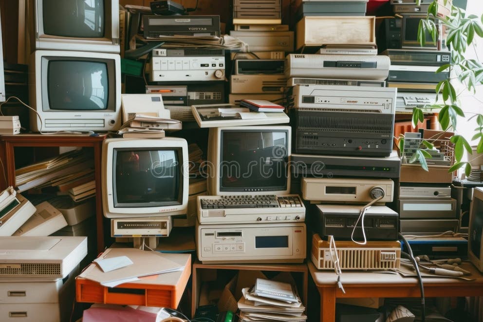 A Cluttered Room with Many Old Computers and Televisions. Stock Photo ...