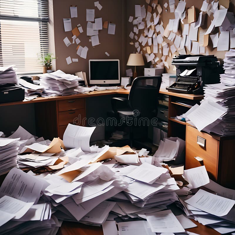 Cluttered Small Office with Scattered Document Piles, Messy Workplace ...