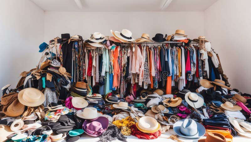 A Cluttered Space Filled with Various Clothing Items and Hats. Stock ...