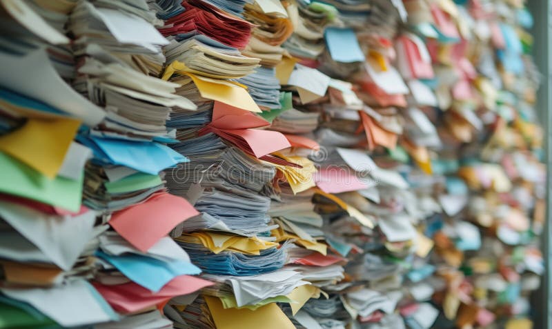 Cluttered Stack of Colorful Papers and Documents, Chaotic Organization ...