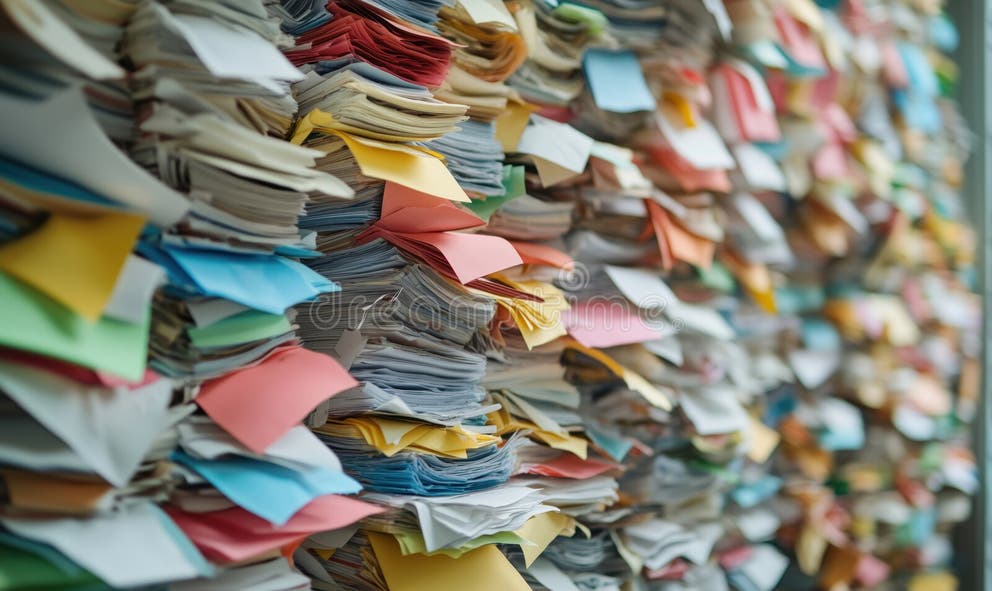 Cluttered Stack of Colorful Papers and Documents, Chaotic Organization ...