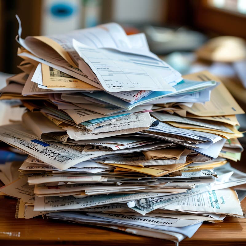 A Cluttered Stack of Mixed Paperwork, Documents, and Envelopes on a ...