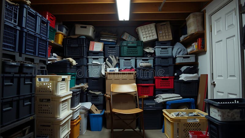 A Cluttered Storage Backroom with Stacked Crates a Folding Chair and a ...