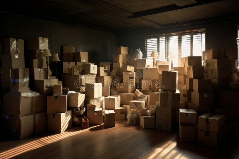 Cluttered Storage Room Overflowing with Cardboard Boxes and Sunrays ...