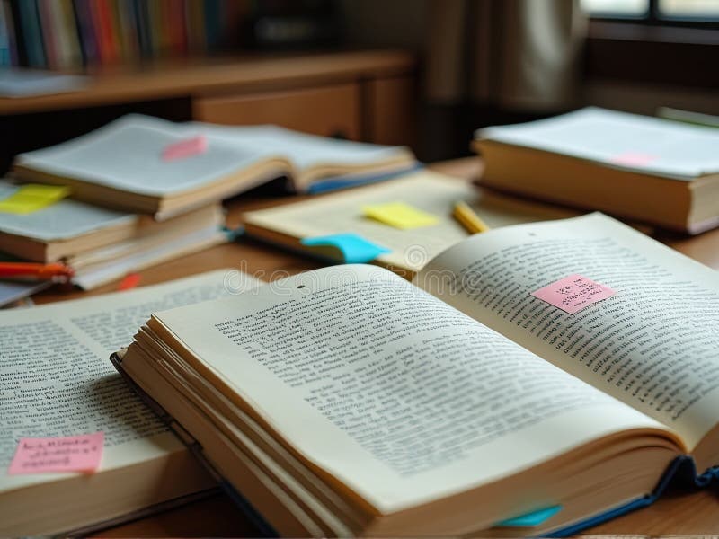 Cluttered Study Table with Open Books and Sticky Notes, Ai Stock Image ...