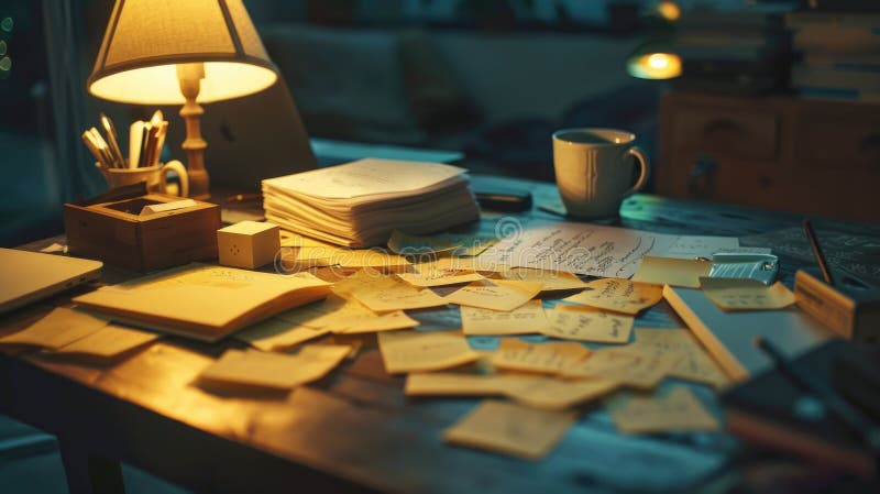 A Cluttered Table with Colorful Post it Notes and a Lamp, Perfect for ...