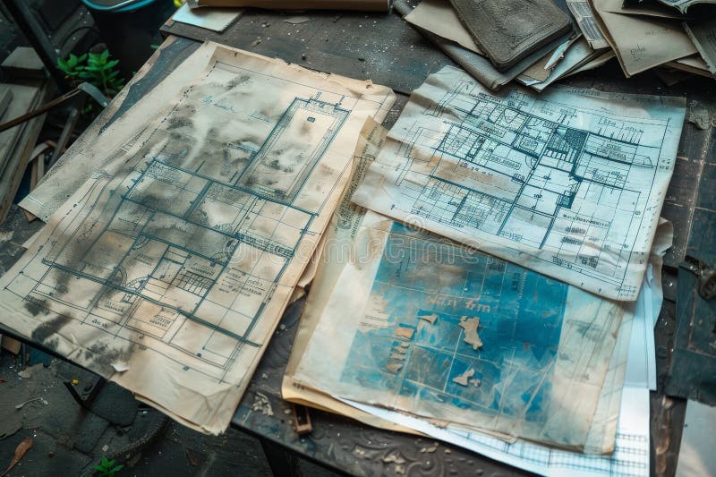 A Cluttered Table Filled with Numerous Aged Papers and Blueprints ...