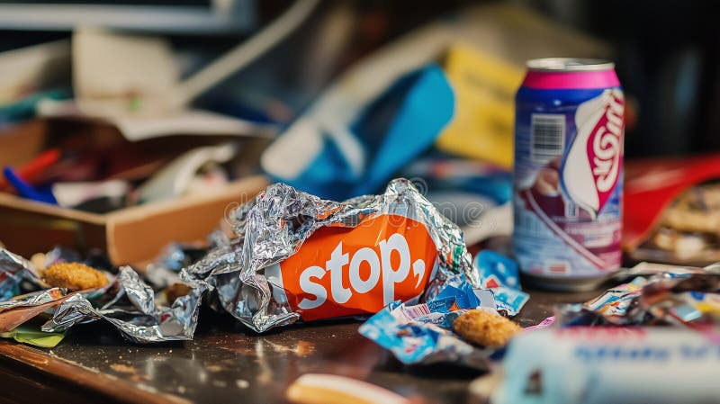 Cluttered Tabletop with Crumpled Foil Wrappers and a Prominently ...