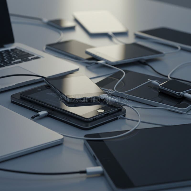A Cluttered Tabletop Features Multiple Electronic Devices Including ...