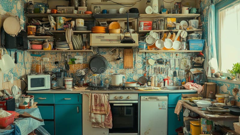 Cluttered Vintage Kitchen with Teal Cabinets and Tile Walls Stock ...