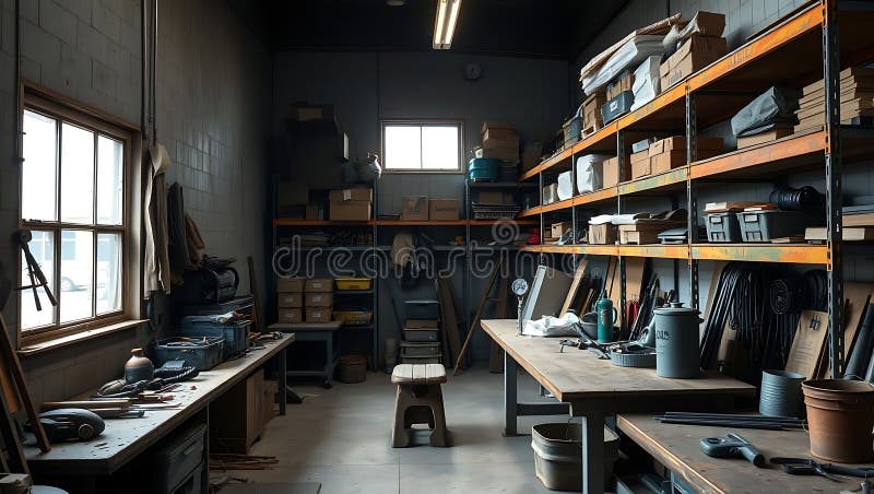 A Cluttered Warehouse Backroom with Metal Shelving a Dusty Workbench ...