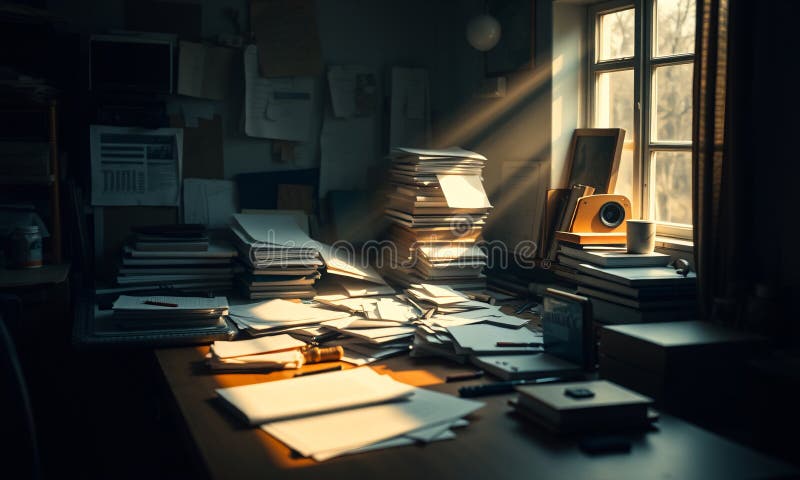 A Cluttered Work Desk with Light Streaming in from a Large Window Stock ...