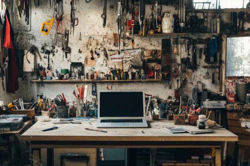 A Cluttered Workbench is Covered in Various Tools and Art Supplies ...
