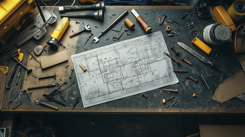 A Cluttered Workbench with Tools and a Detailed Architectural Blueprint ...
