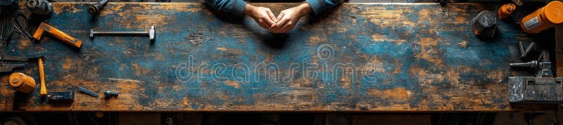Cluttered Workbench with Tools Hammers and a Person S Hands Adjusting a ...