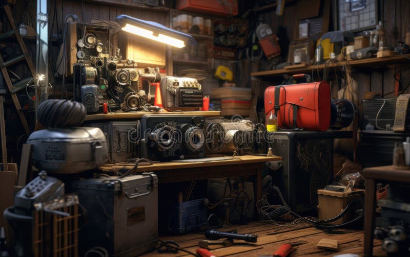 A Cluttered Workshop with Various Tools and Equipment. Created by ...