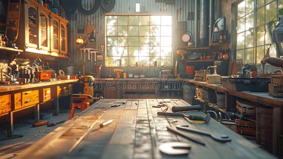 A Cluttered Workshop with Tools and a Workbench Stock Image - Image of ...