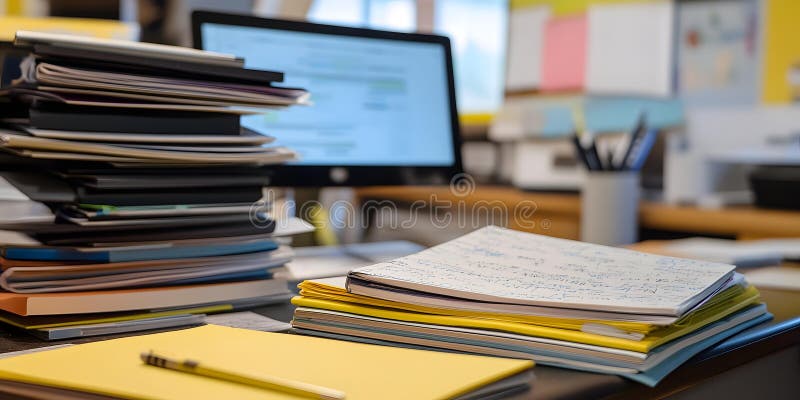 Cluttered Workspace with Books and Computer Monitor Stock Illustration ...