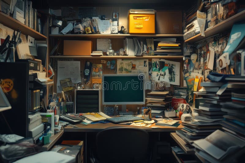 A Cluttered Workspace with a Computer, Desk, and Shelves Overflowing ...
