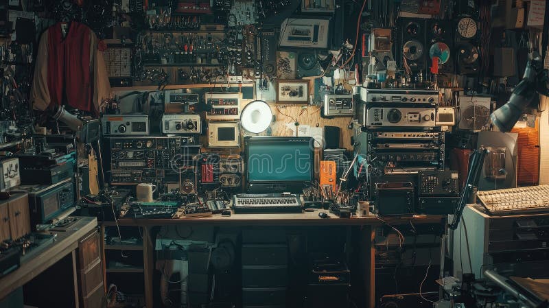 A Cluttered Workspace with a Computer Monitor Various Electronic ...
