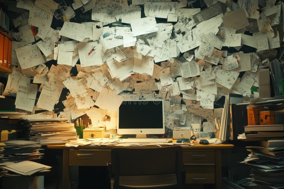 A Cluttered Workspace with a Computer and Stacks of Paper Stock ...