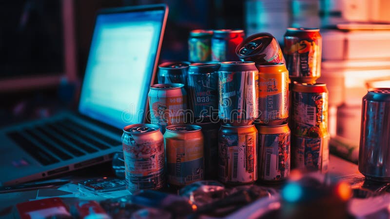 A Cluttered Workspace Features a Stack of Various Empty Soda Cans Next ...