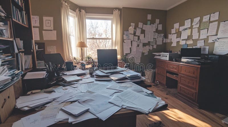Cluttered Workspace Filled with Papers and Notes in a Sunlit Home ...