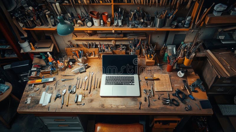 A Cluttered Workspace Showcases a Laptop at the Center, Surrounded by ...