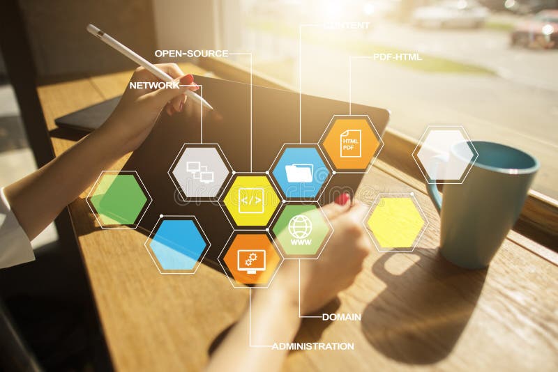 CMS. Content Management System Applications Icons on Virtual Screen ...