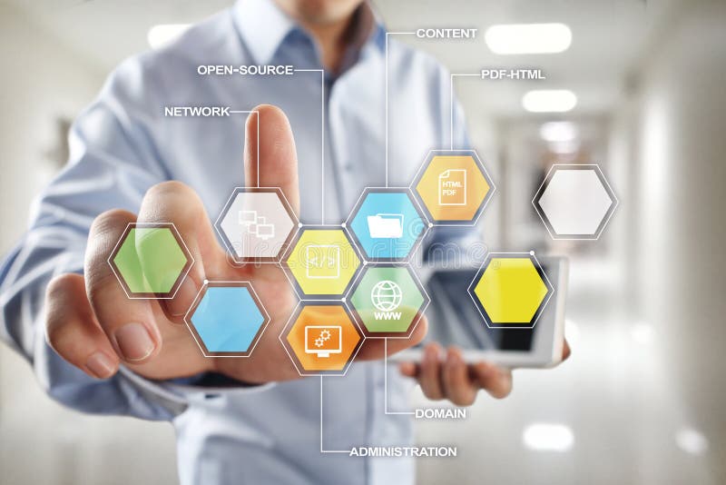 CMS. Content Management System Applications Icons on Virtual Screen ...