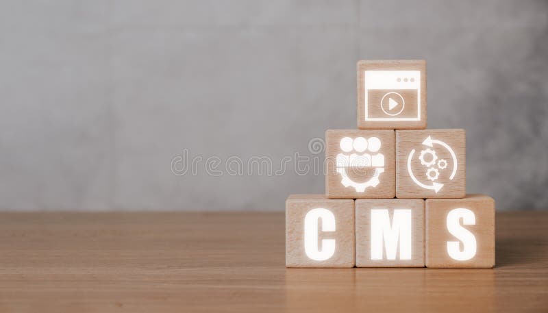 Wooden Block with Content Management System Icon on Virtual Screen ...
