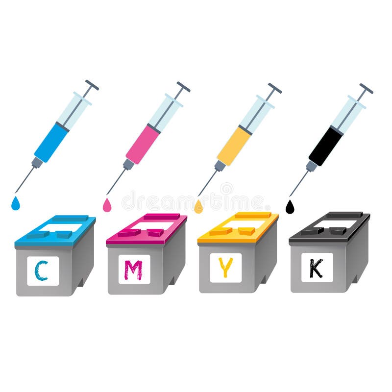 CMYK Ink Cartridges in Perspective. Syringe with a Drop Stock Vector ...