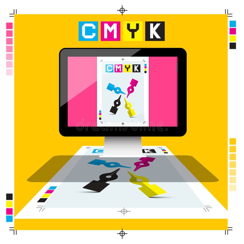 CMYK Printing Document on PC Computer with Marks Vector DTP Symbol ...