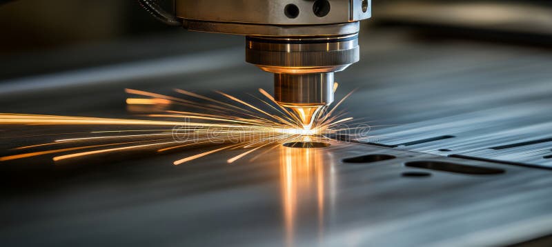 CNC Laser Cutting Machine in Action, Close Up with Light Sparks ...