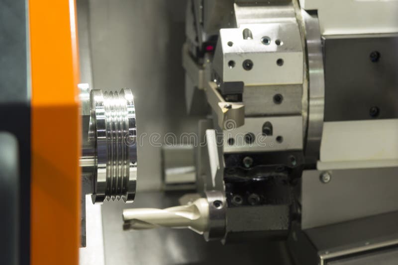The CNC Lathe Machine Cutting the Stainless Thread Stock Photo - Image ...
