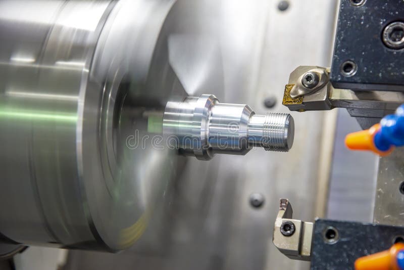 The CNC Lathe Machine Cutting the Thread at the Metal Shaft. Stock ...