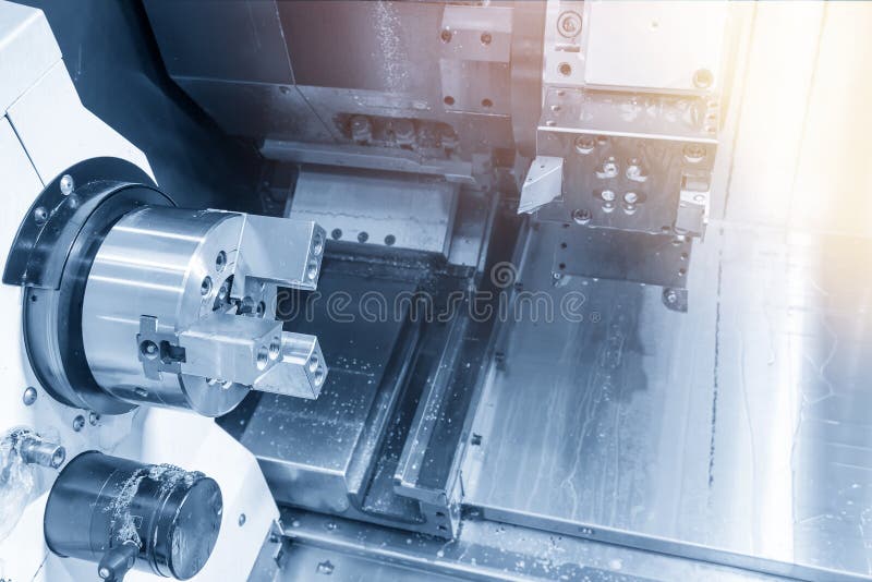 The CNC Lathe Machine in the Light Blue Scene. Stock Photo - Image of ...