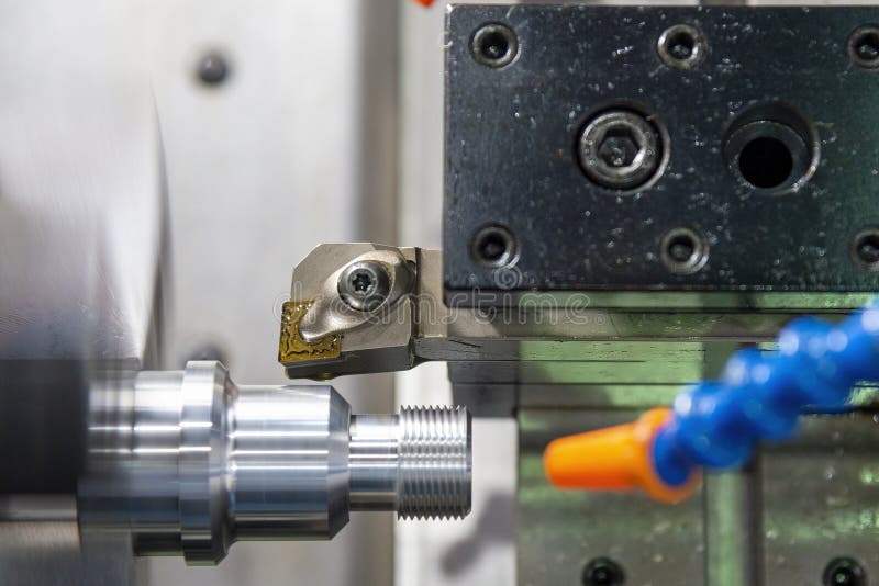 The CNC Lathe Machine Thread Cutting at the End of Metal Stud Parts ...