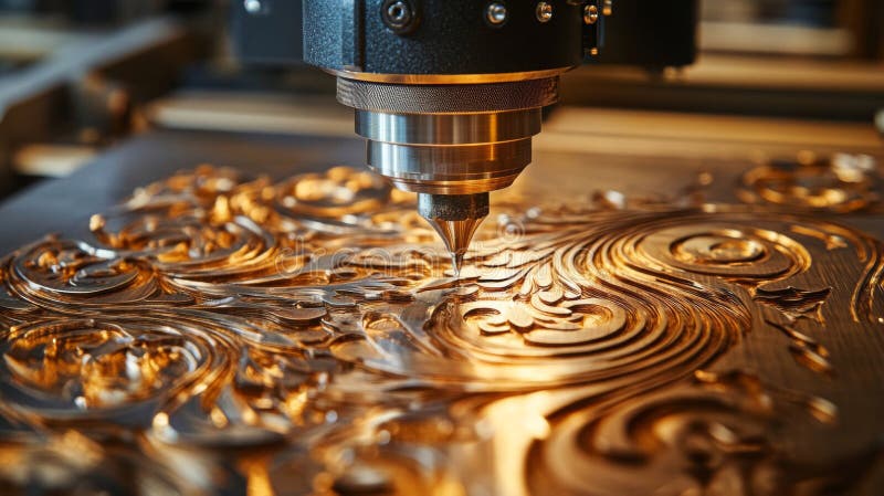 CNC Machine Carving Intricate Golden Wood Design Stock Illustration ...