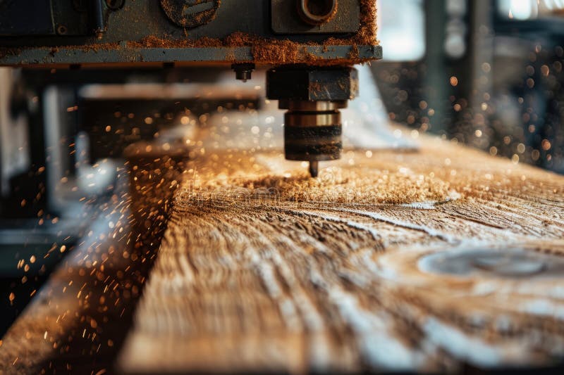 Cnc Machine Carving Wood Plank, Creating Sparks and Sawdust Stock Photo ...