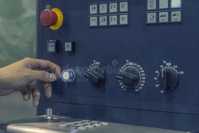 CNC Machine Control Panel with Hand the Press Stock Image - Image of ...