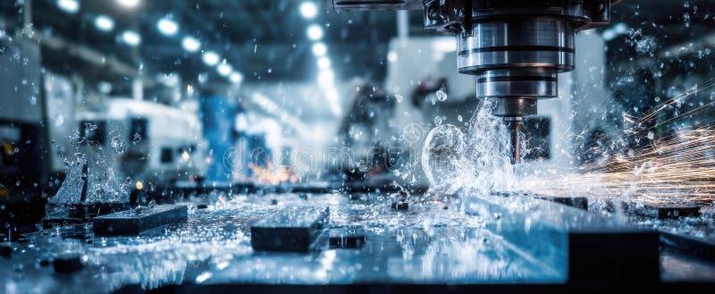 The CNC Machine Creating Sparks and Water in a Dynamic Industrial ...