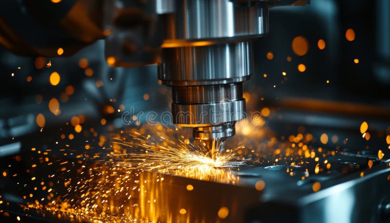 CNC Machine Cutting Metal, Sparks Flying, Precision Engineering, Industrial Manufacturing Stock ...