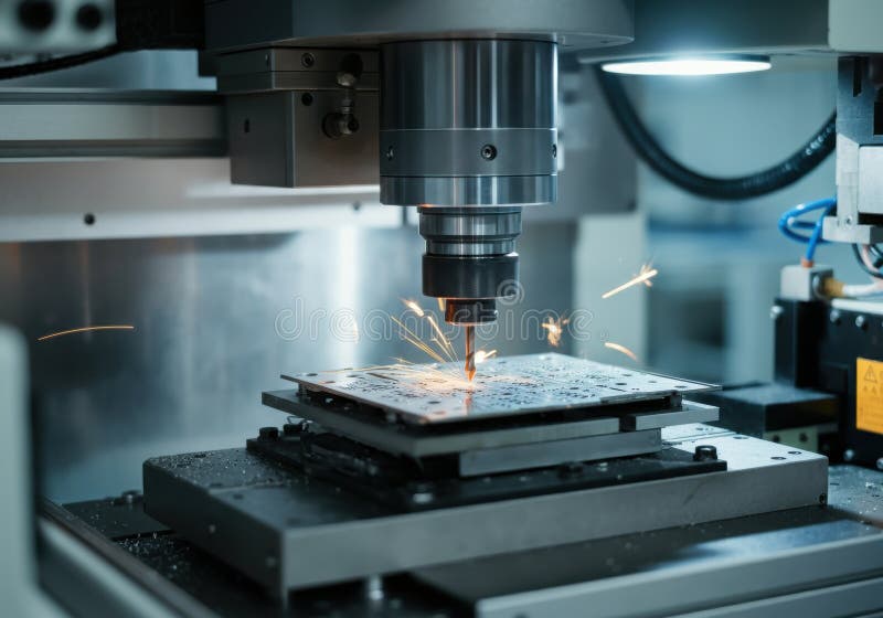 Cnc Machine Cutting Metal Sparks Flying Workshop Setting Stock Photos ...