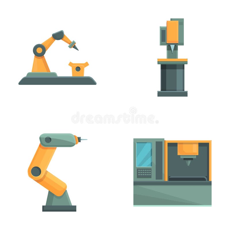 Cnc Machine Icons Set Cartoon . Comp Numerical Controlled Milling ...