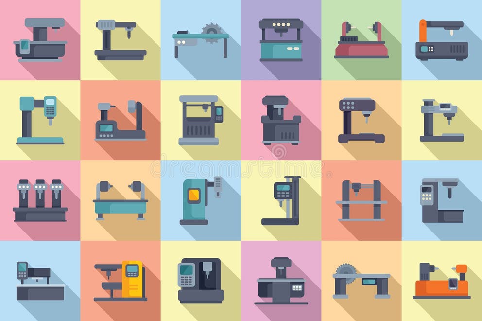 Cnc Machine Icons Set Flat Vector. Mill Controller Stock Vector - Illustration of computer ...