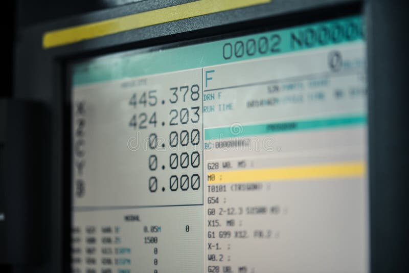 CNC Machine Monitor Display with Program Code Running and Numbers Stock ...