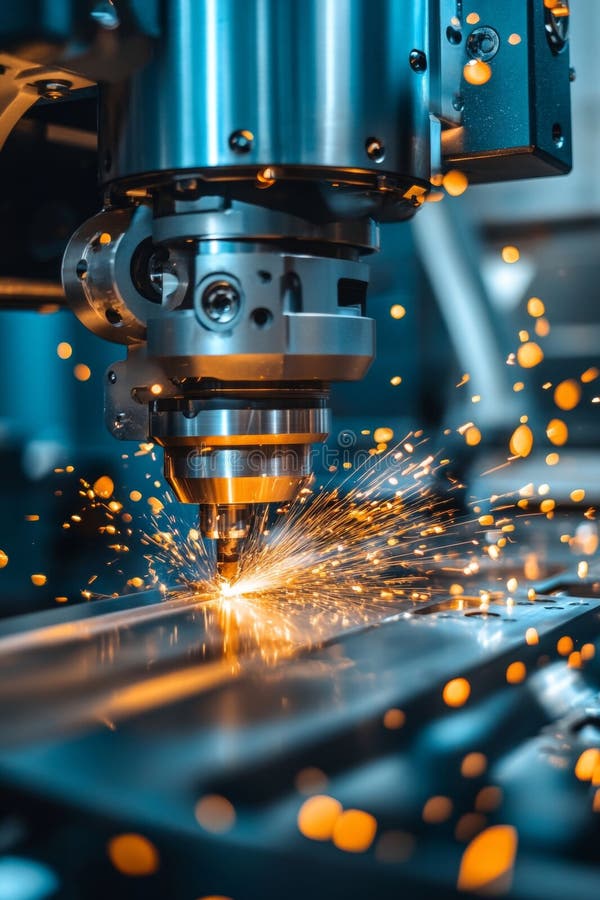 CNC Milling Machine in Action Close Up of Aluminum Cutting with Sparks ...