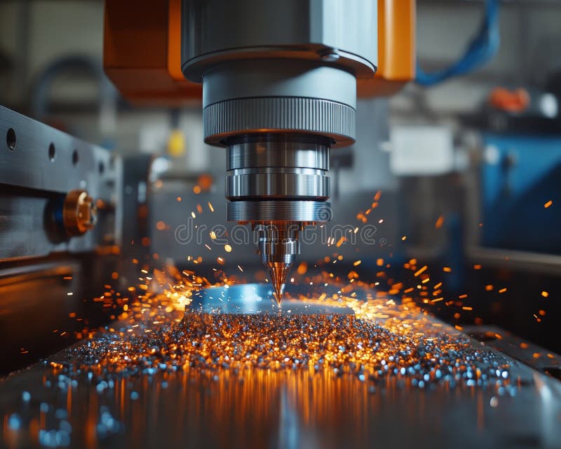 CNC Milling Machine in Action Close-Up of Cutting Head with Sparks ...